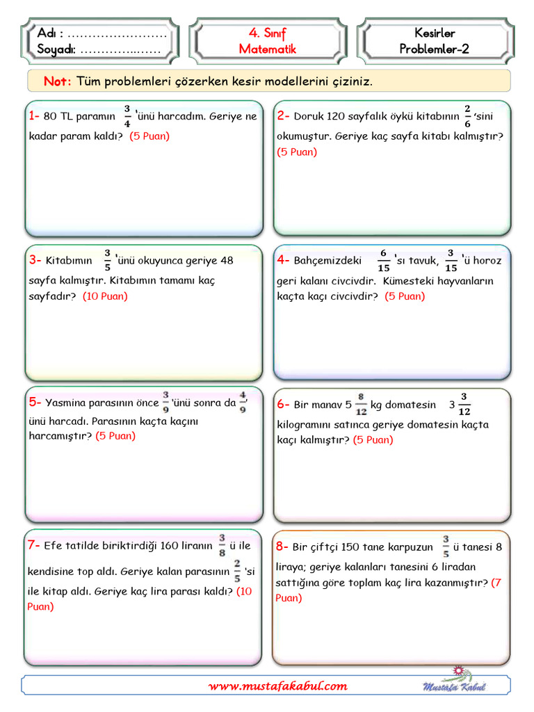 4-Matematik - Kesirler - Problemler-2 | PDF