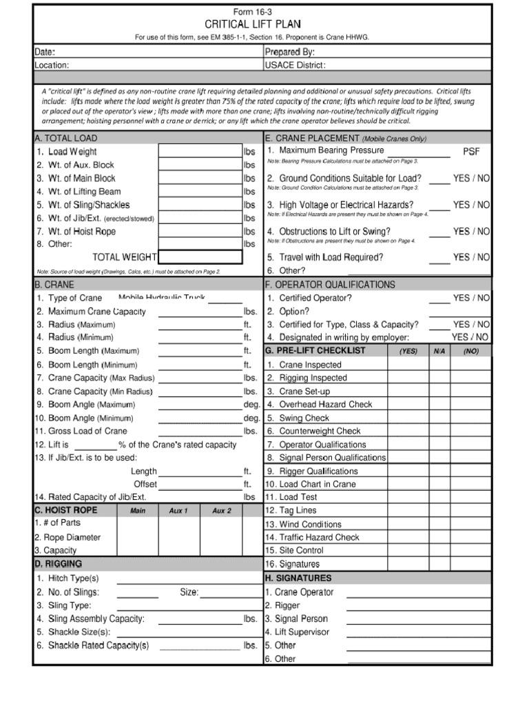 Critical Lift Form | PDF