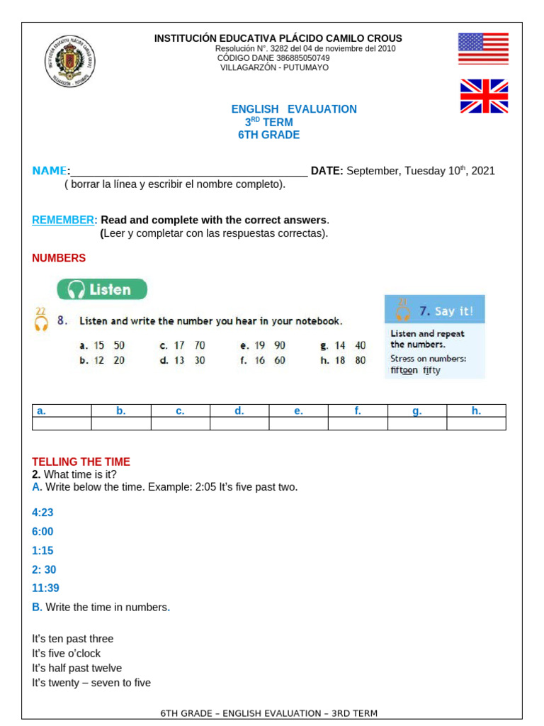 Evaluation 6TH Grade 3RD Term 2021 | PDF