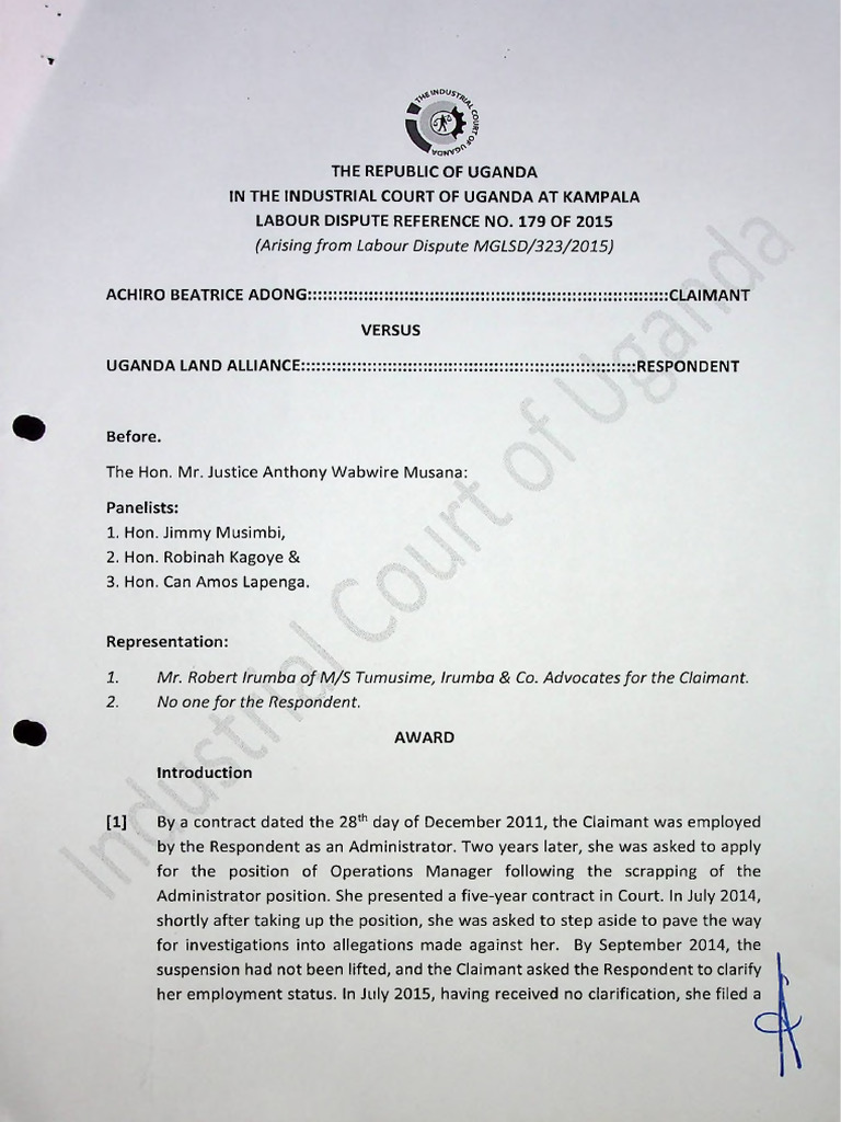 Achiro V Uganda Land Alliance 2024 UGIC 22 (1 March 2024) | PDF | Business | Employment