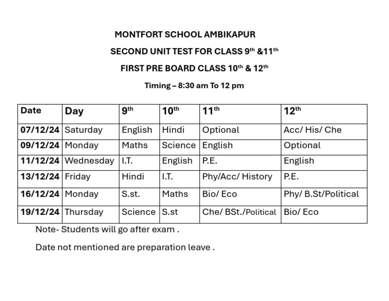 First Pre Board & Second Ut Time Table | PDF