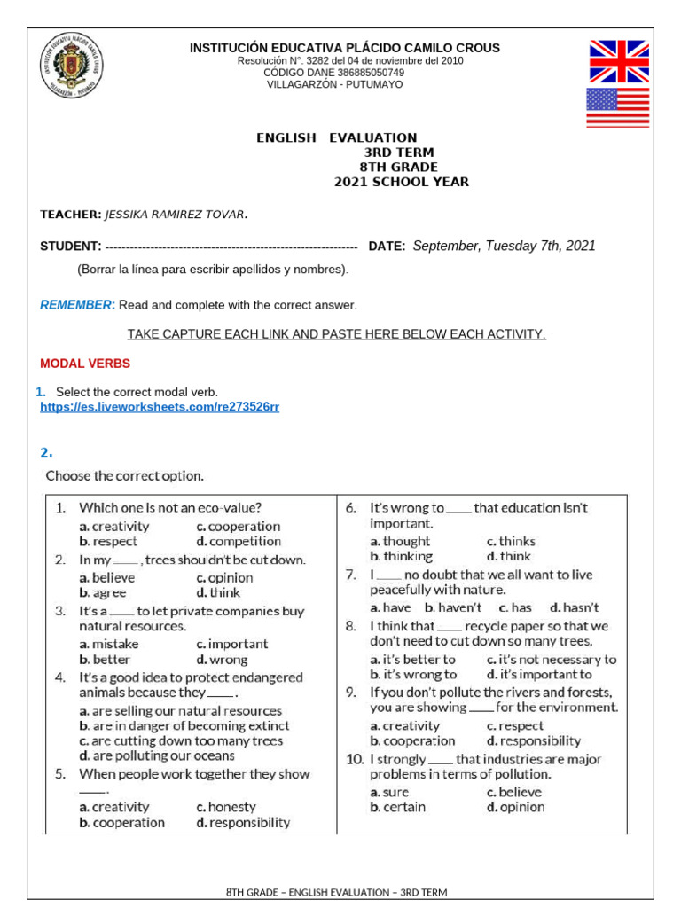 Evaluation 8TH Grade 3RD Term 2021 | PDF