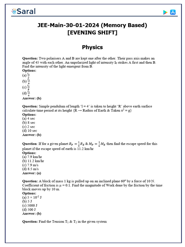 _19625_JEE_Main_2024_January_30_Shift_2_Physics_Question_Paper_with | PDF | Quantity | Mechanics