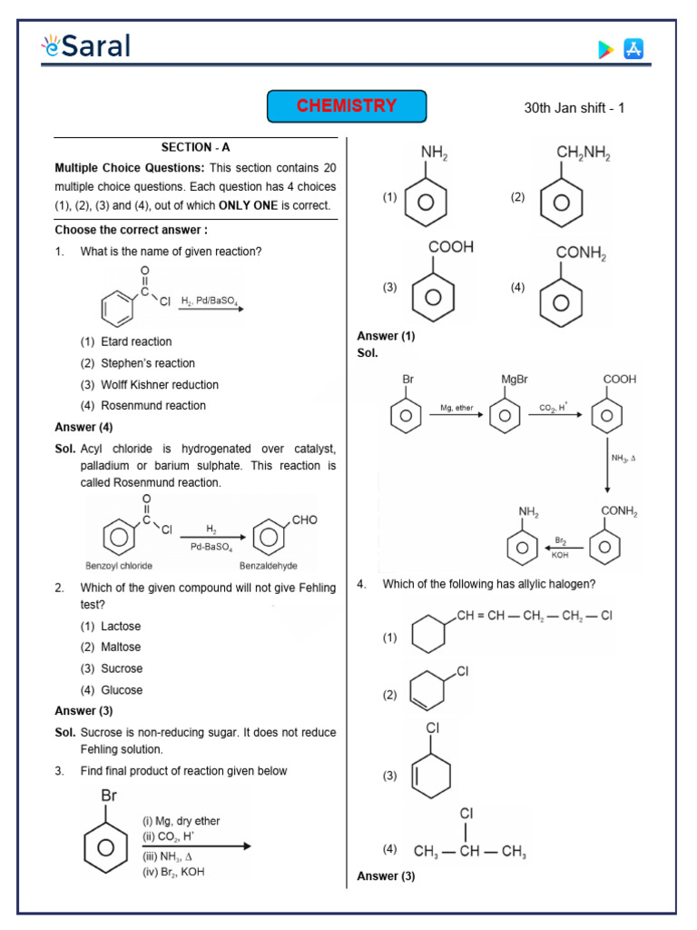 CHEMISTRY JEE Main 2024 Question Papers With Answer Key PDF | PDF ...