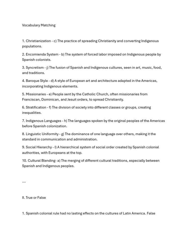 Vocabulary Matching | PDF | Spanish Colonization Of The Americas ...