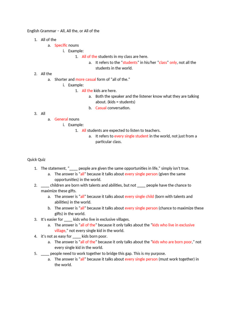 English Grammar: All vs. All of the | PDF