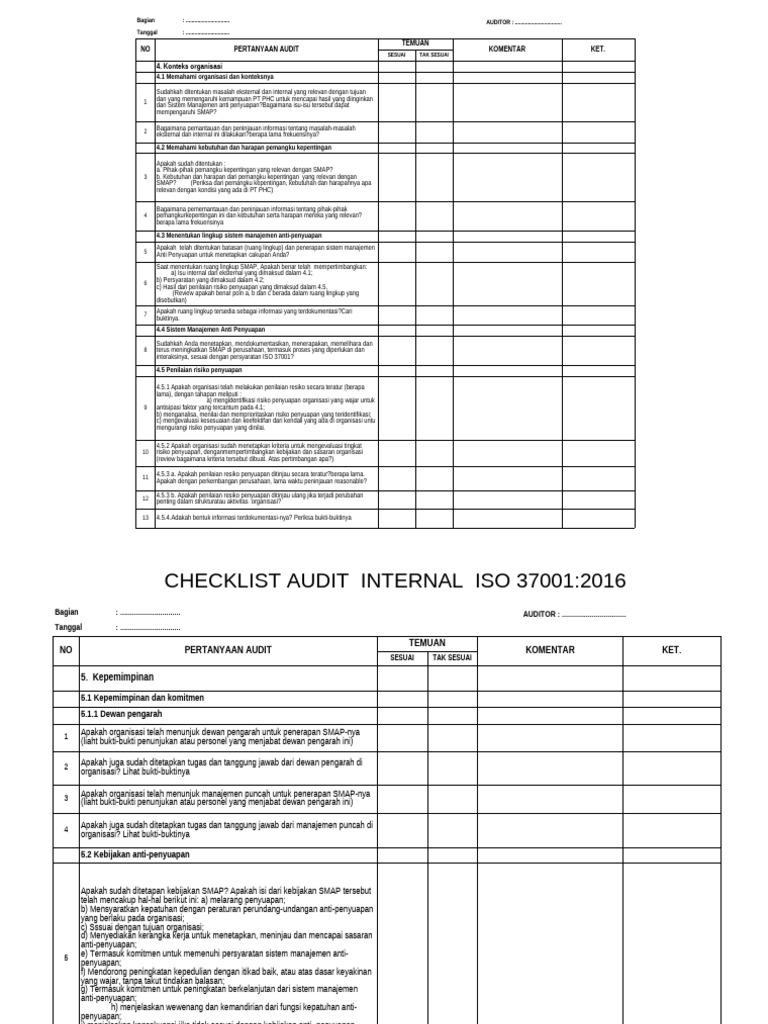 Checklist Audit Internal ISO 37001 Awal | PDF