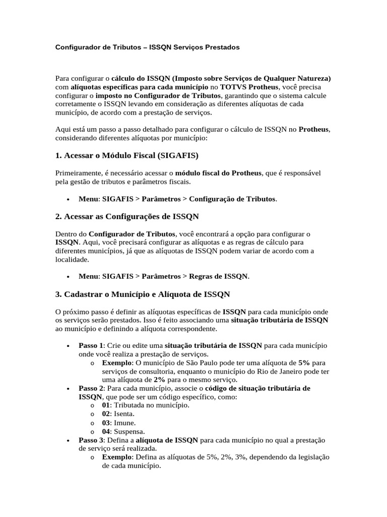 Configuração do ISSQN no Protheus | PDF | Impostos | Recibo