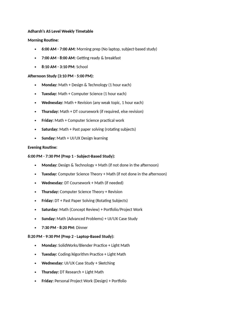 Adharsh's AS Level Study Timetable | PDF
