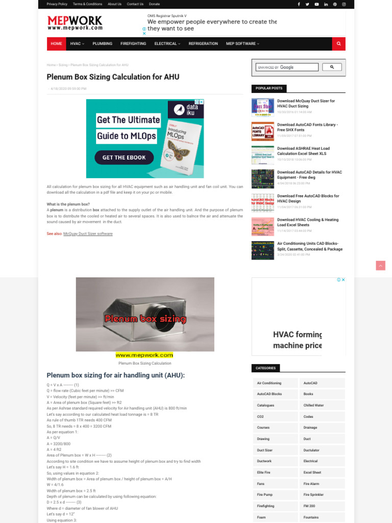 Plenum Box Sizing Calculation For AHU | PDF | Duct (Flow) | Heat Exchanger