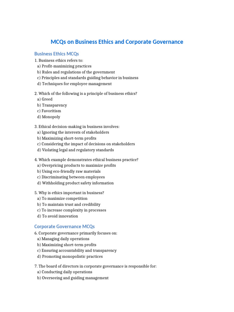 Business Ethics & Governance MCQs | PDF