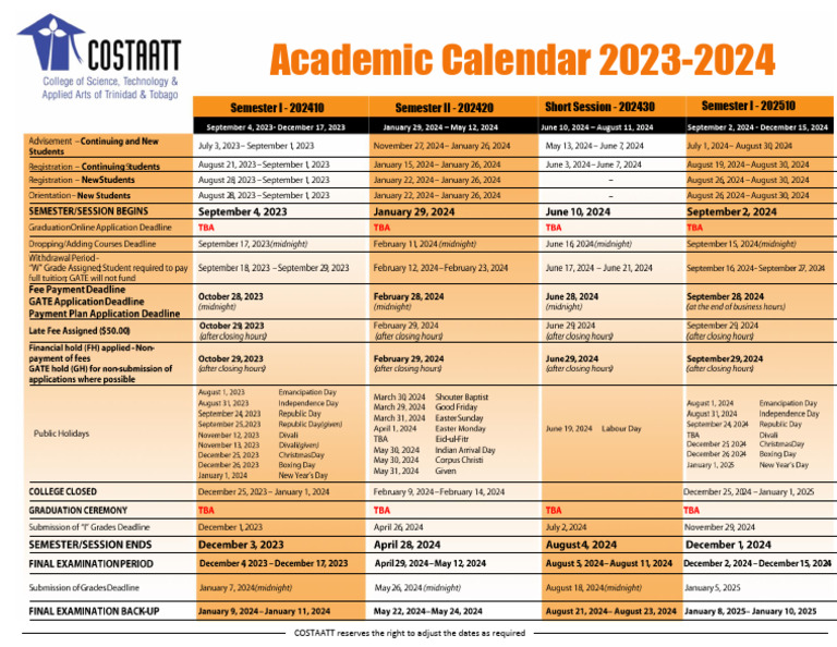 COSTAATT Academic Calendar 2023-2024 | PDF