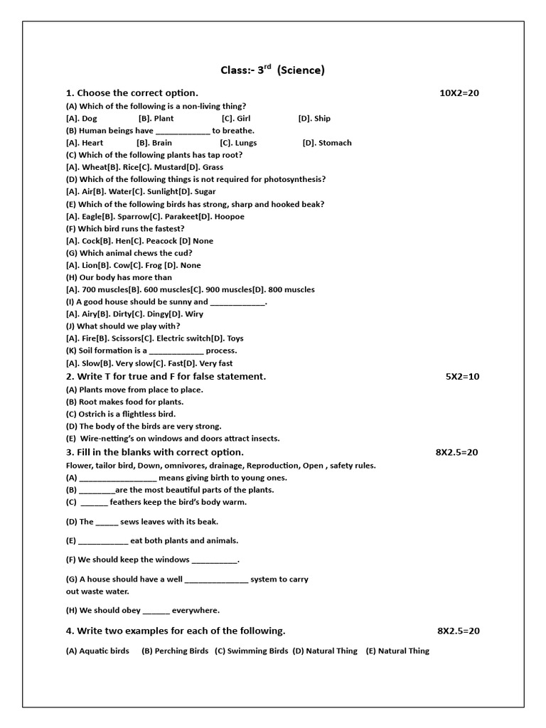 3rd Grade Science Quiz Questions | PDF | Birds | Plants