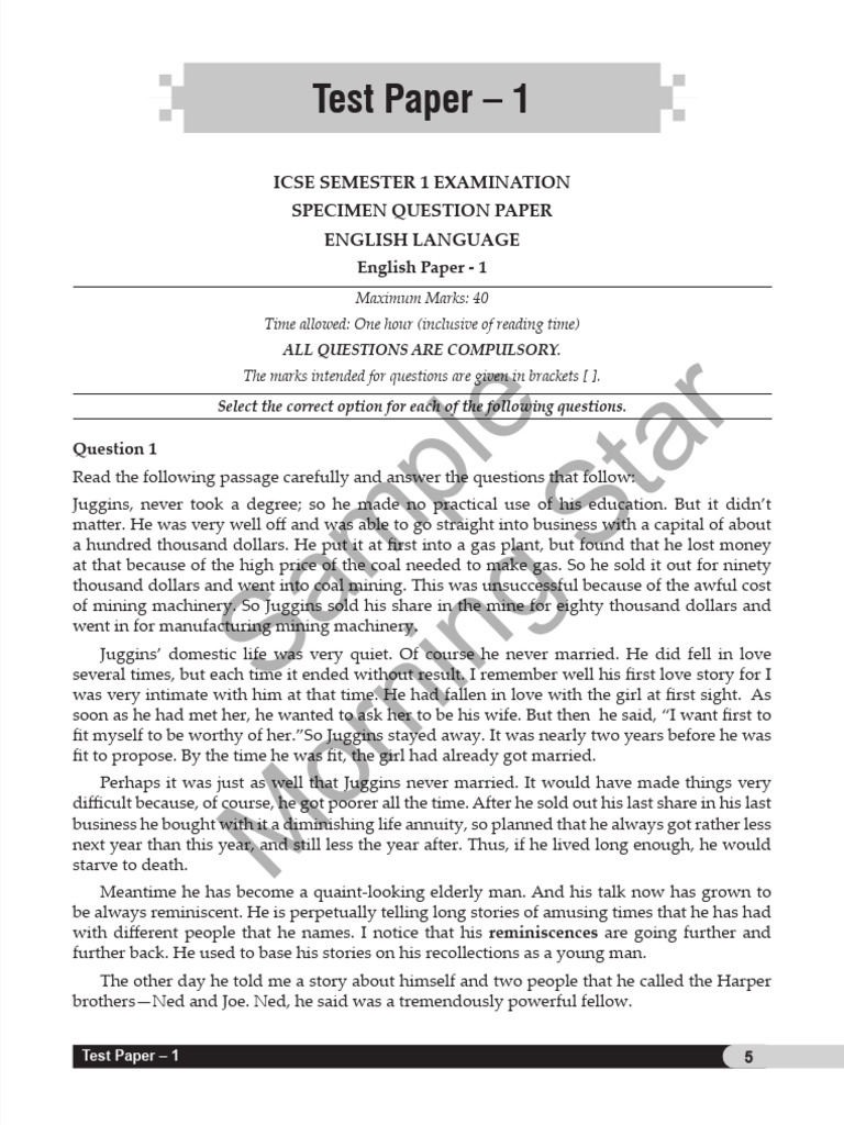 English Language - Test Paper 1 | PDF | Multiple Choice