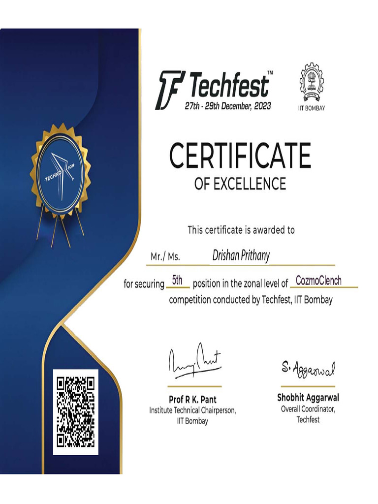 Techfest Certificate (Drishan ) | PDF