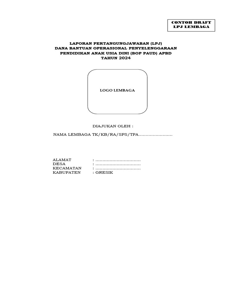 Contoh Laporan Pertangungjawaban (LPJ) Bop Paud Tahun 2024 | PDF