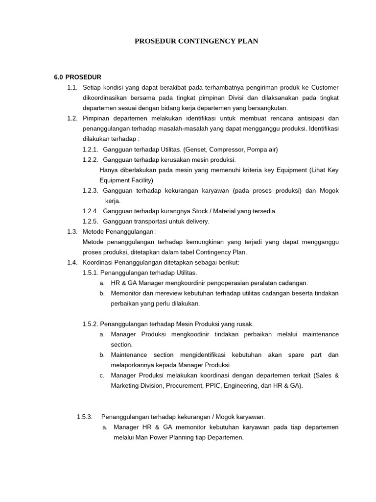SAMPLE PROSEDUR - CONTINGENCY PLAN | PDF