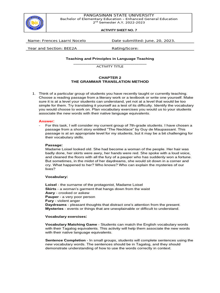 Act7 English Principles Bee2a | PDF | Learning | Linguistics