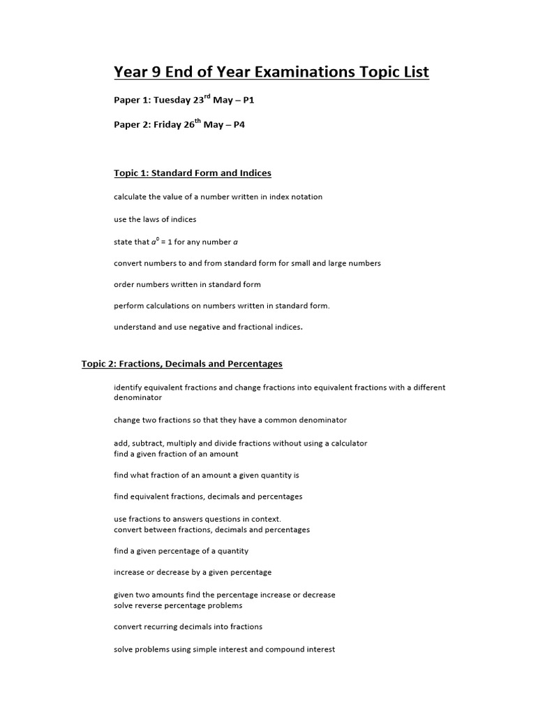 Year 9 EOY Exam Topic List | PDF | Area | Percentage