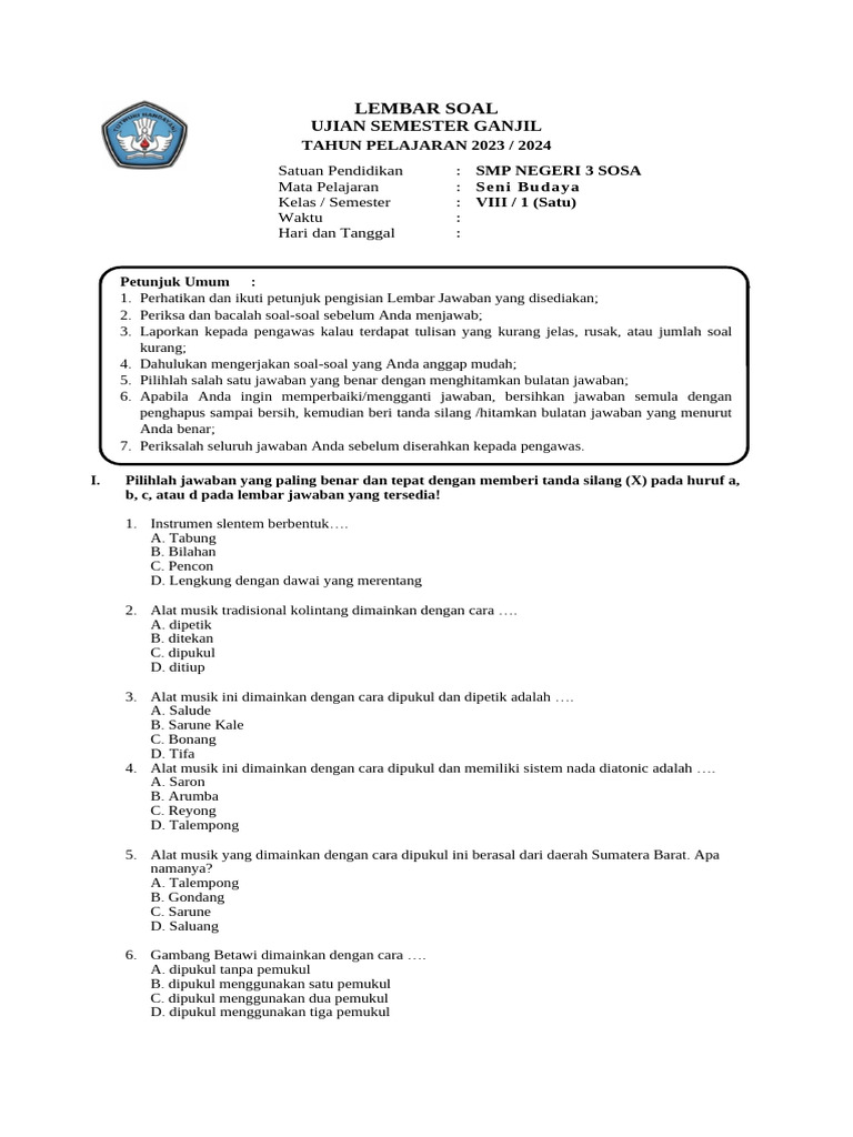 Soal PTS 2 Seni Budaya Kelas Viii K13 | PDF