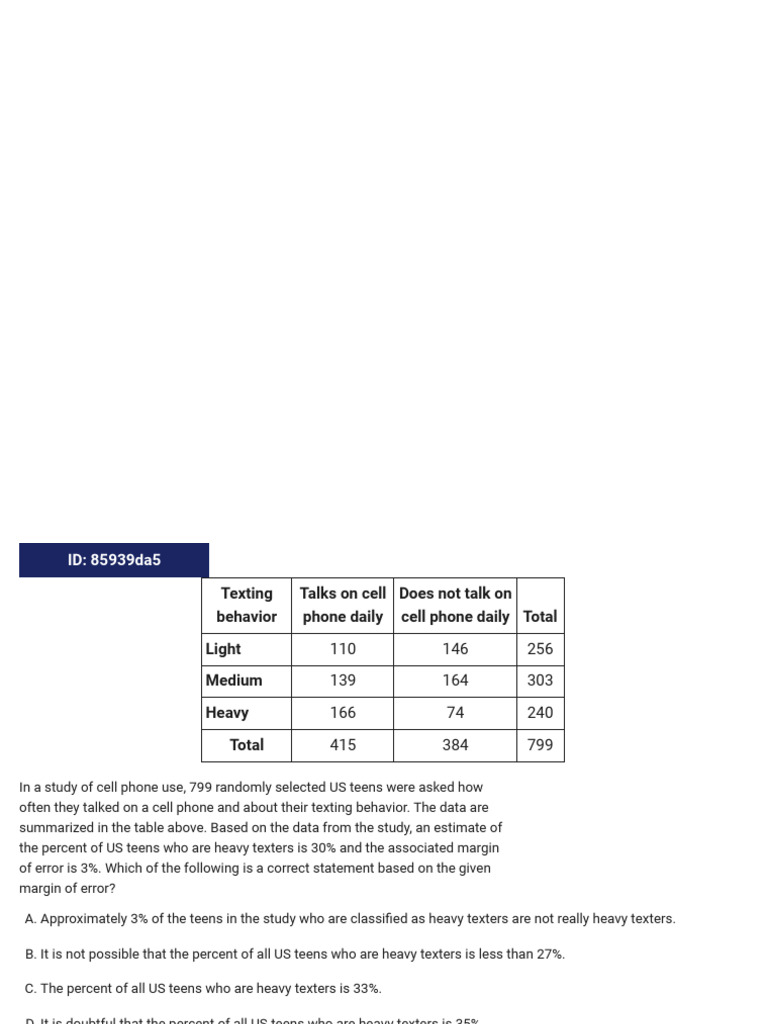 Problem-Solving and Data Analysis - Inference From Sample Statistics and Margin of Error | PDF ...