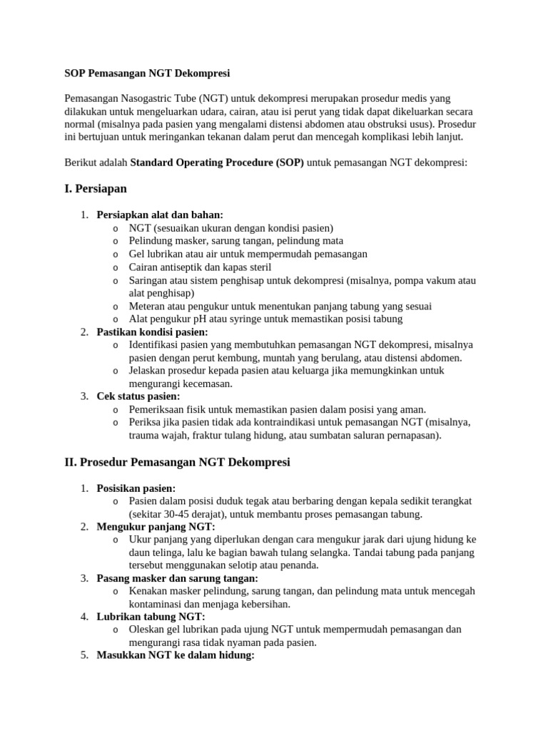 SOP Pemasangan NGT Dekompresi | PDF