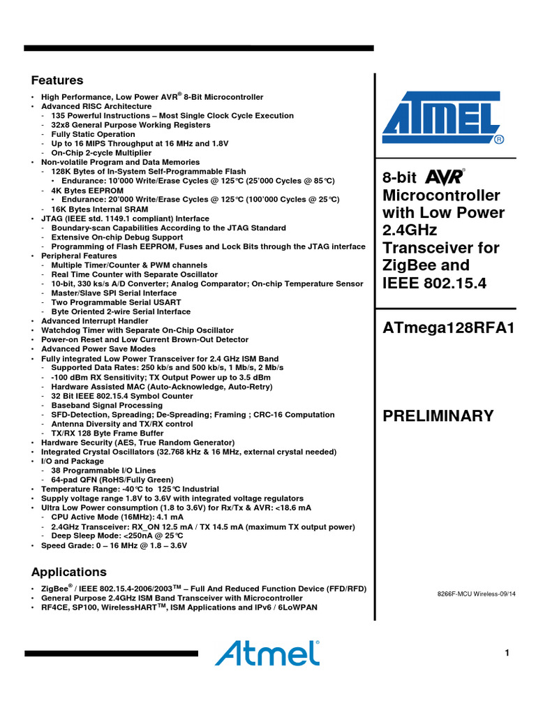 Atmel 8266 MCU Wireless ATmega128RFA1 Datasheet | PDF | Computer Engineering | Computer Architecture