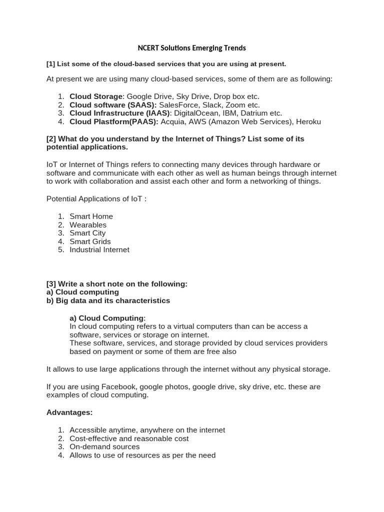 Class 11 IP Emerging Trends QANS | PDF | Cloud Computing | Software As ...