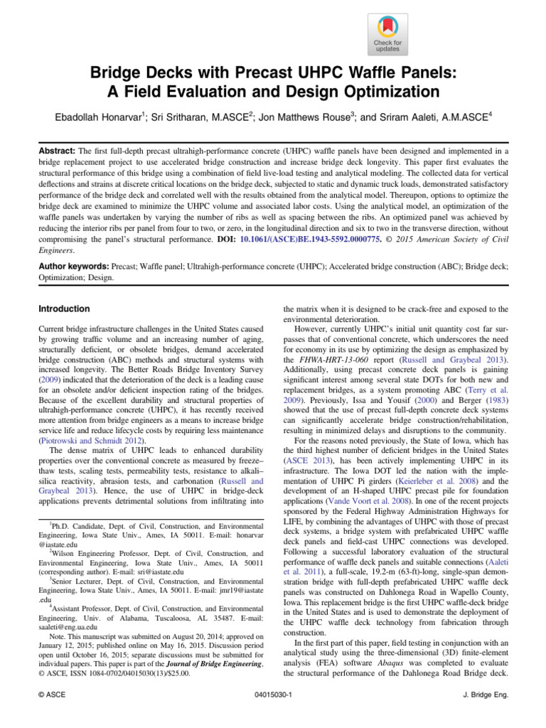 Bridge Decks With Precast UHPC Waffle PanelsA Field Evaluation and ...