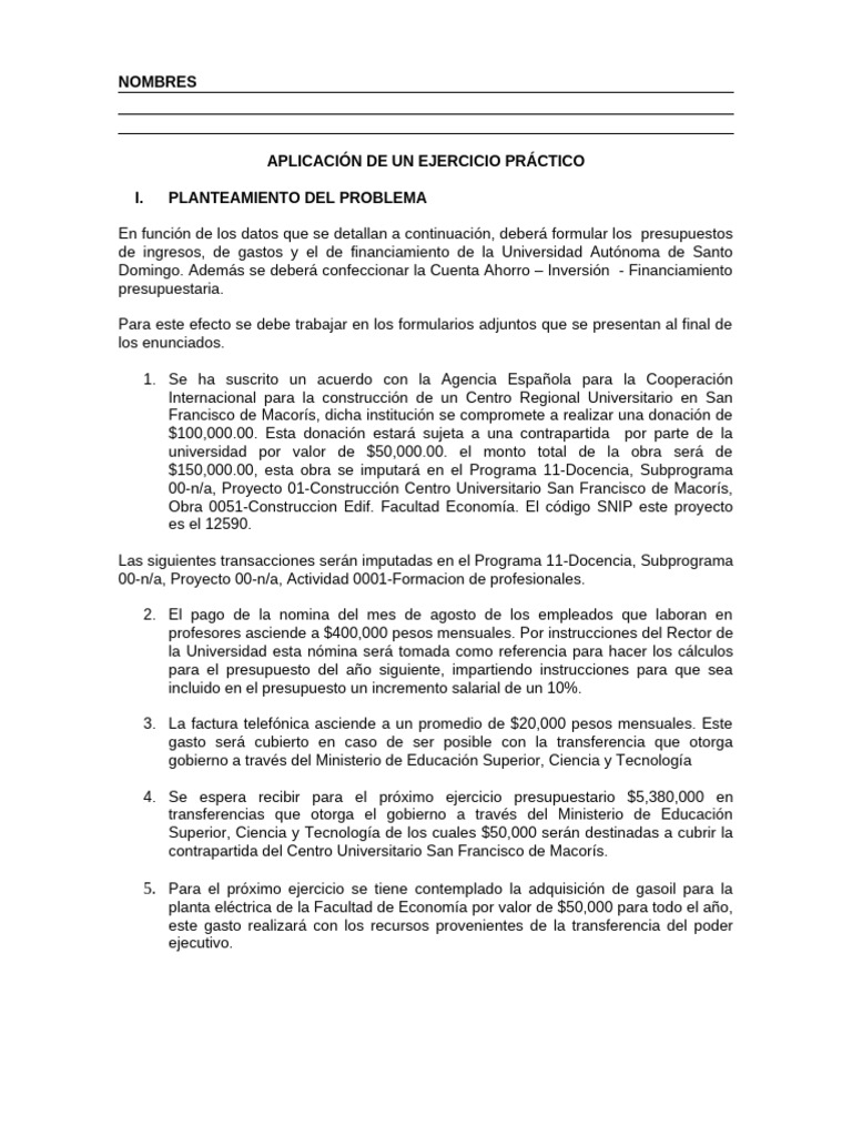 Enunciado Ejercicio | PDF | Presupuesto | Economias