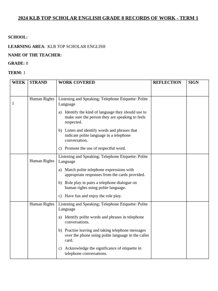 Grade 8 English Records of Work Term 1 | PDF | Grammatical Tense | Poetry
