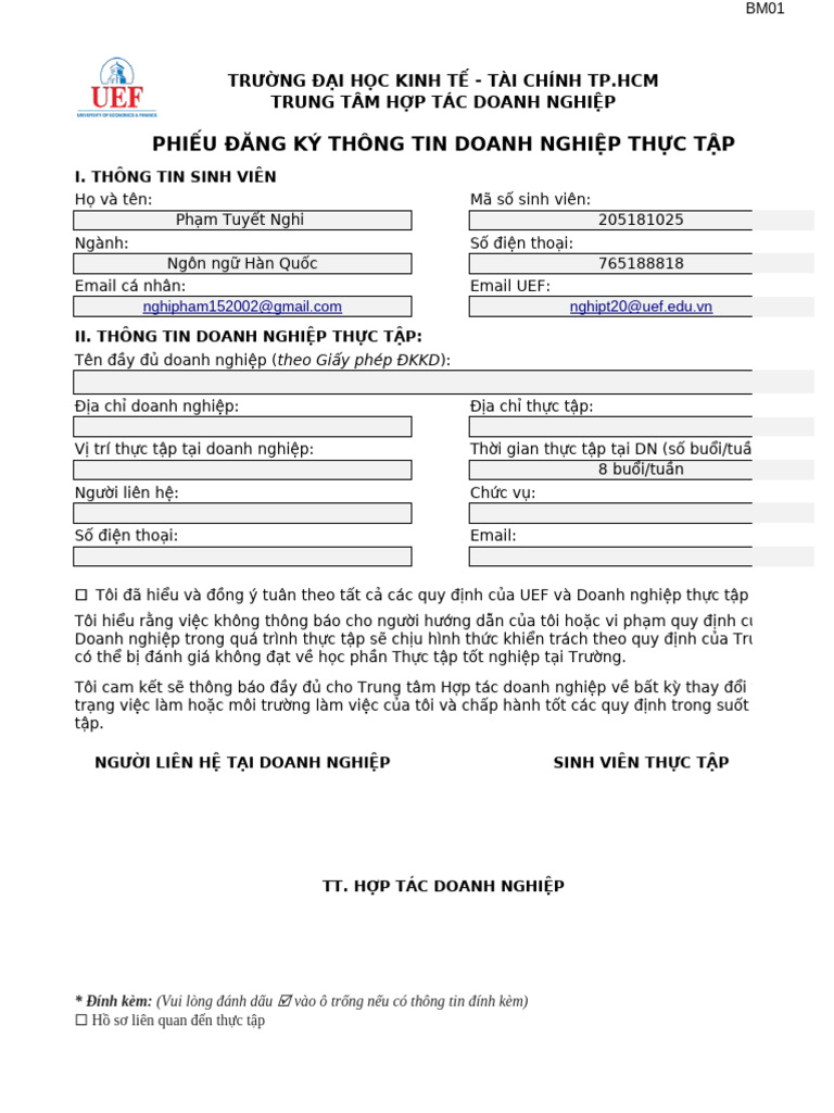 BM01. Phieu Dang ky thong tin doanh nghiep thuc tap(5) hêh hihihih | PDF