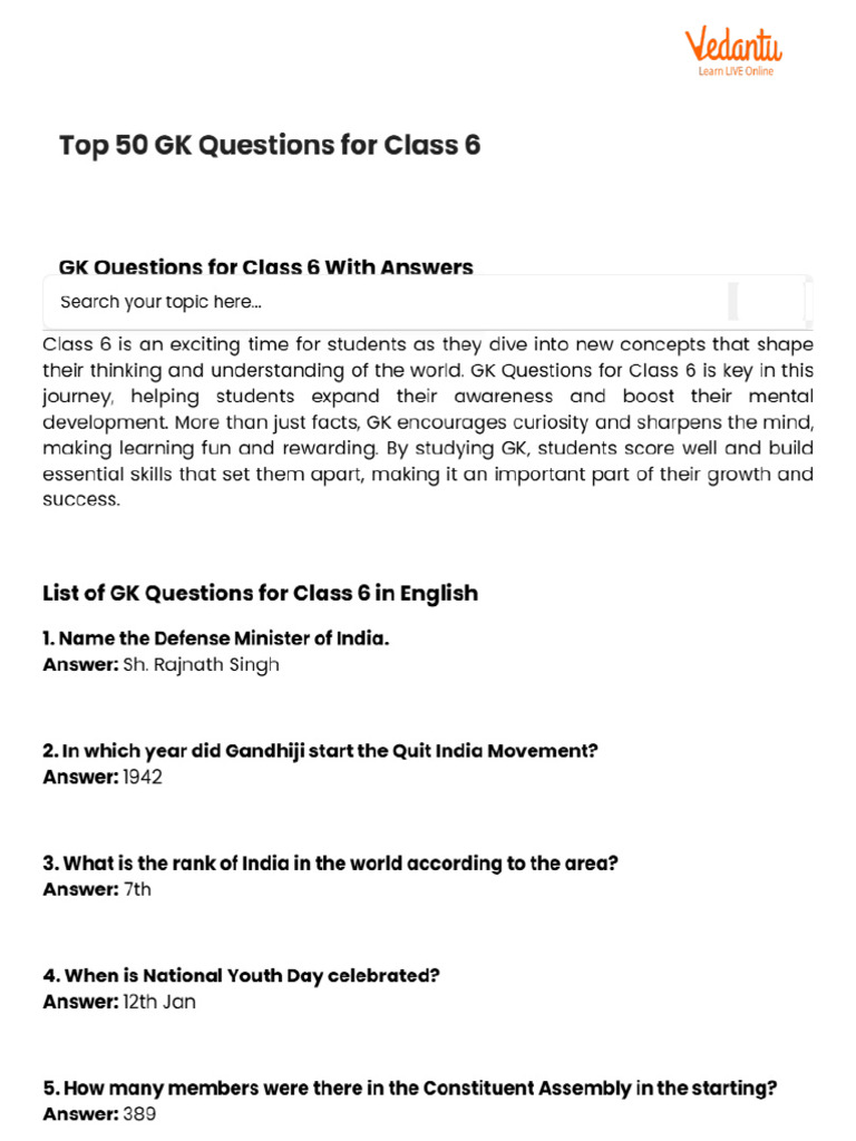 Top 50 GK Questions For Class 6 | PDF