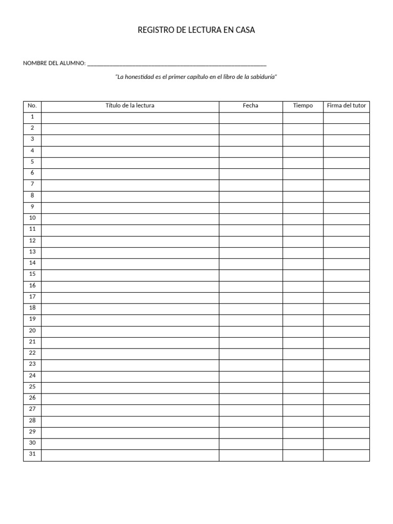 Registro de Lectura en Casa | PDF