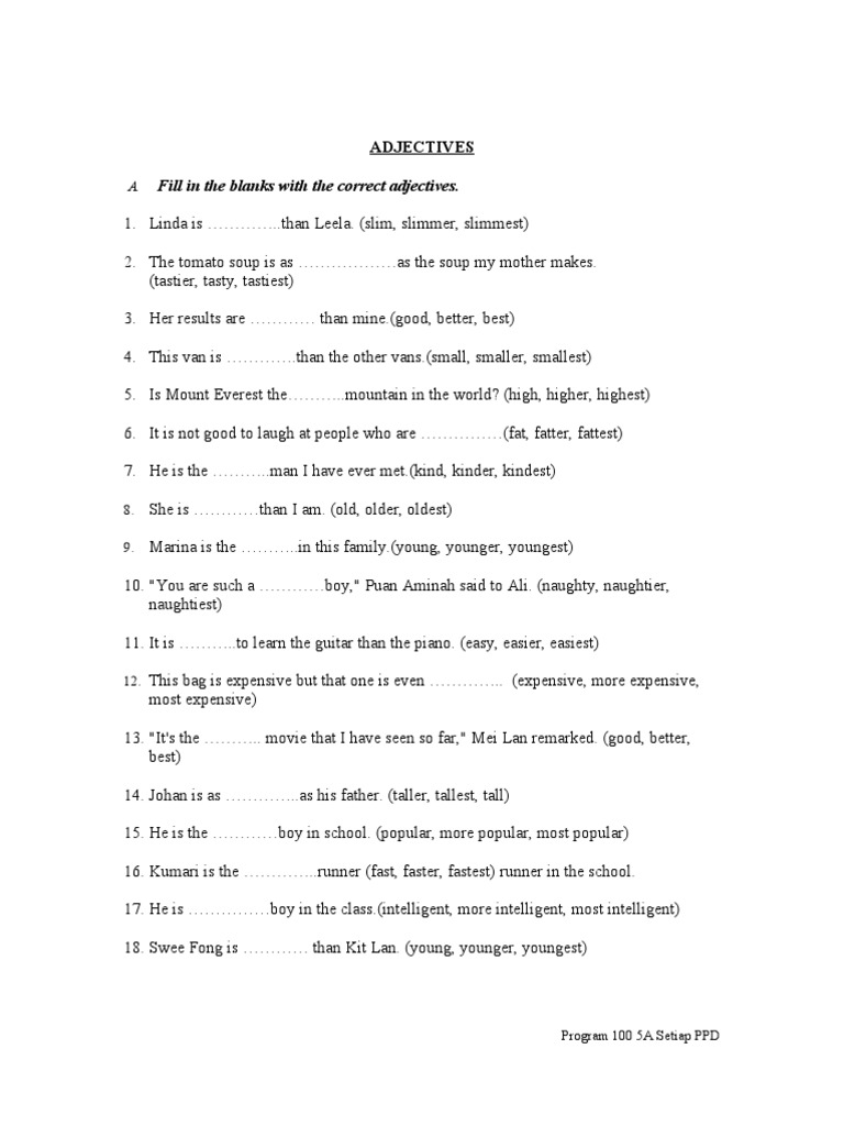 Adjectives Fill in The Blanks With The Correct Adjectives | PDF
