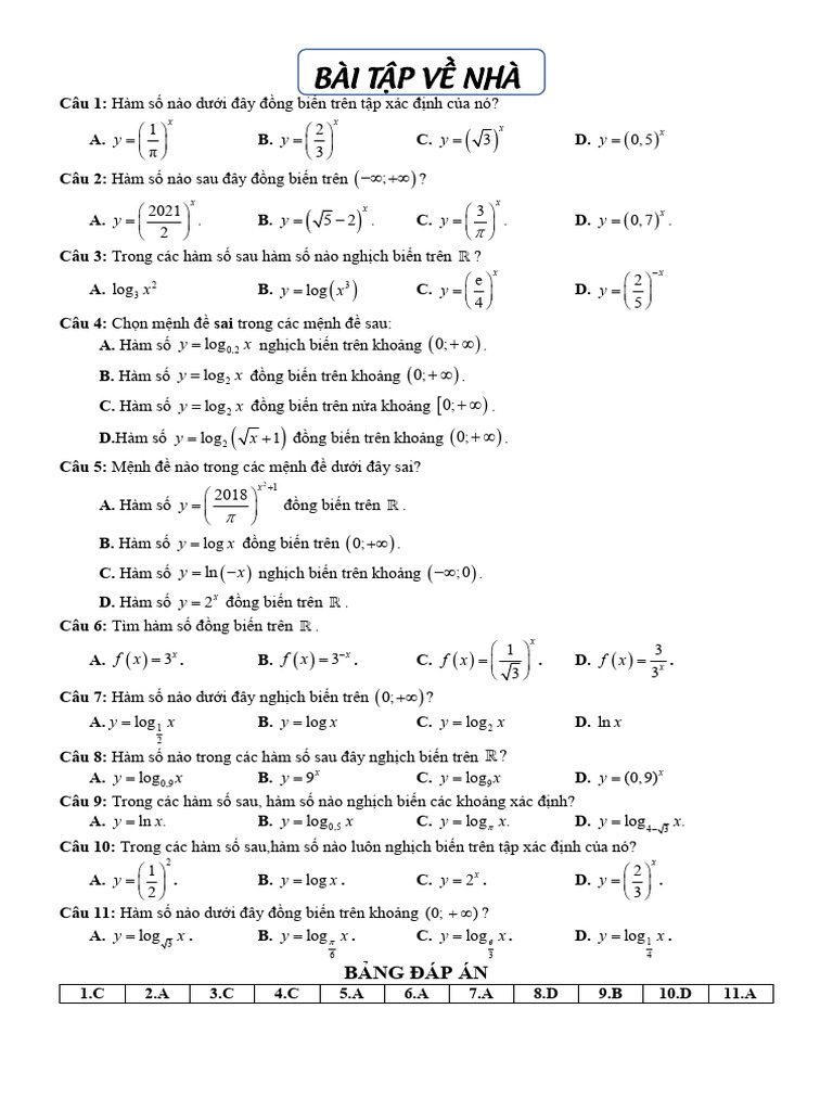 BTVN - Tính Đơn Điệu Hàm Số Mũ Và Loga | PDF