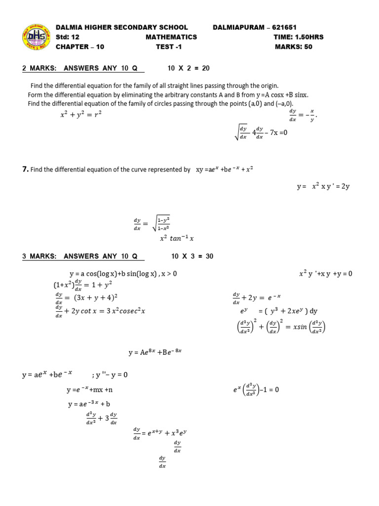 12th Maths Chapter 10 Question Paper English Medium PDF Download | PDF ...
