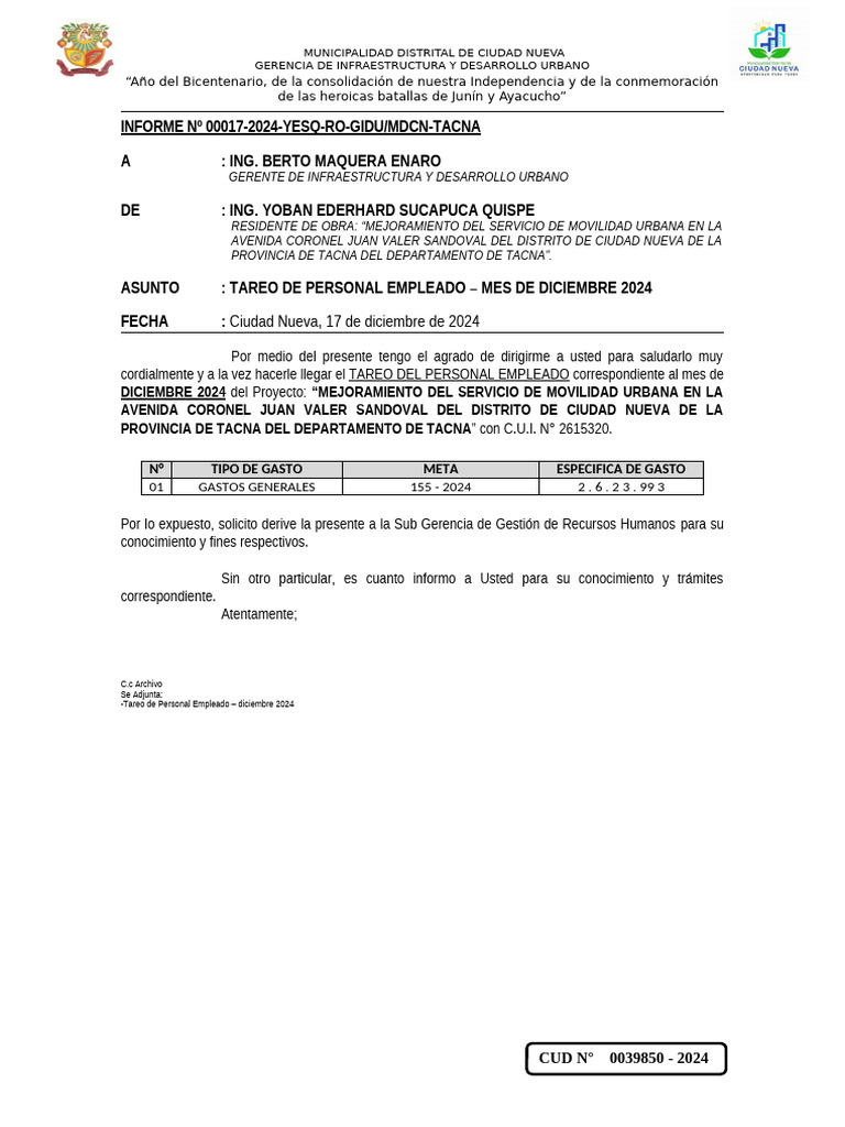 INFORME N°017 Continuidad Personal | PDF