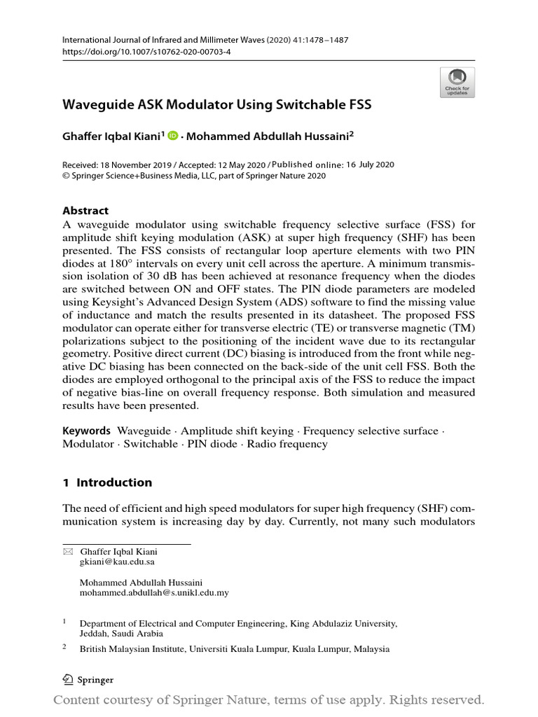 Waveguide ASK Modulator Using Switchable FSS | PDF | Diode | Modulation