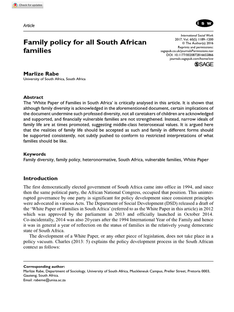 Rabe. 2017. Family Policy For All South African Families. | PDF ...