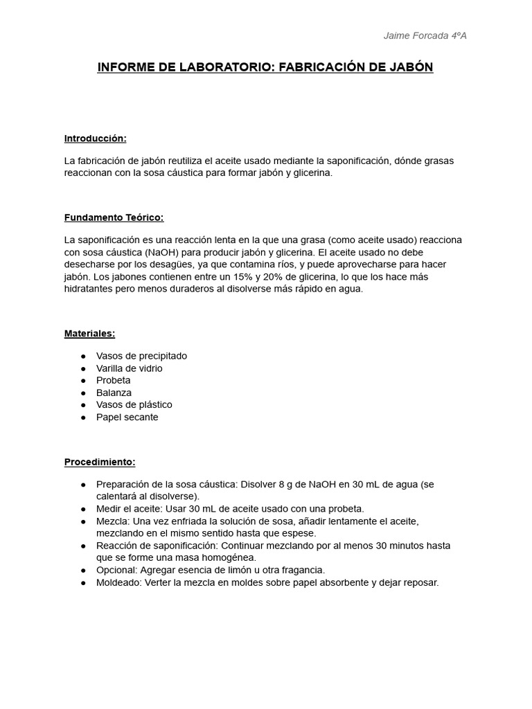 INFORME DE LABORATORIO_ FABRICACIÓN DE JABÓN | PDF | Hidróxido de sodio | Jabón