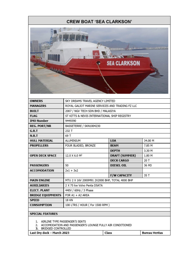 Crew Boat Sea Clarkson Particulars | PDF