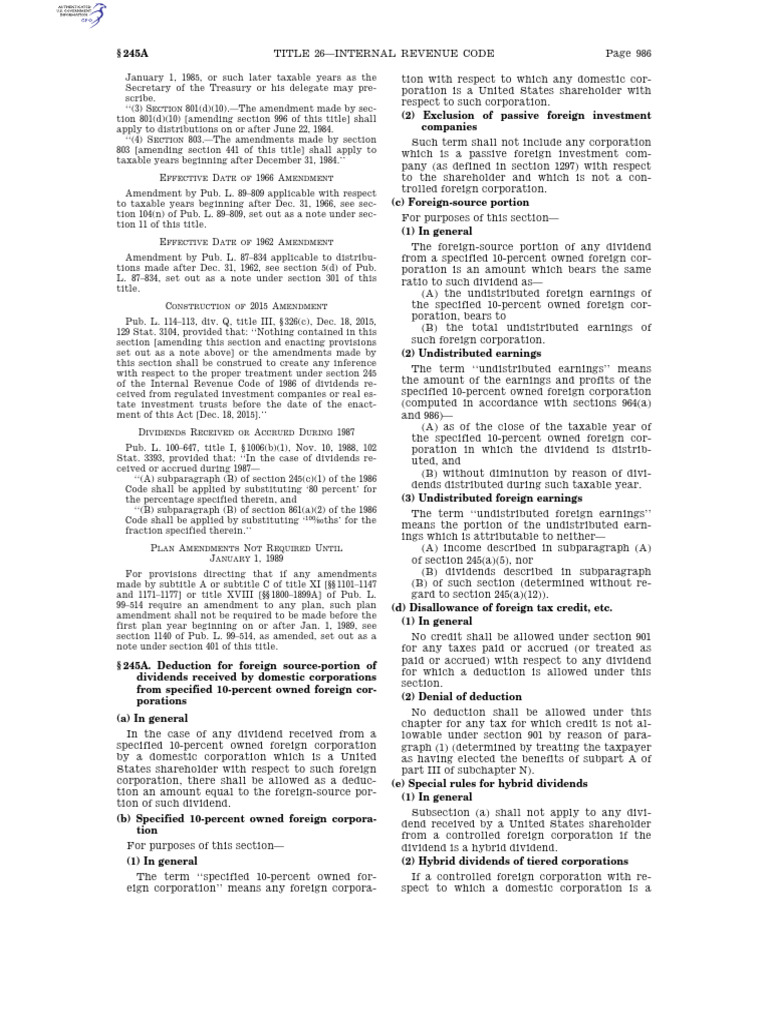 IRS Section 245A: Foreign Dividend Deductions | PDF | Dividend | Tax ...
