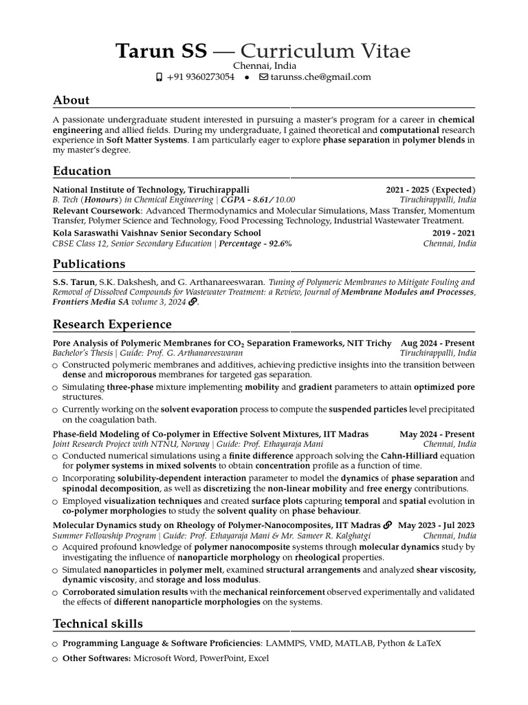 Tarun Resume | PDF | Membrane | Polymers