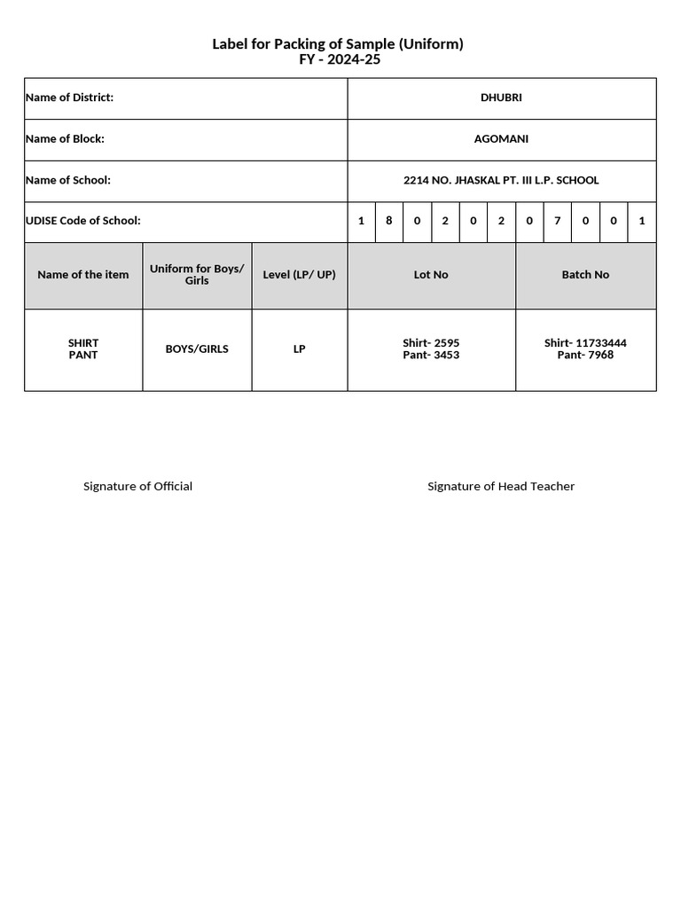 Dhubri School Uniform Sample Details | PDF