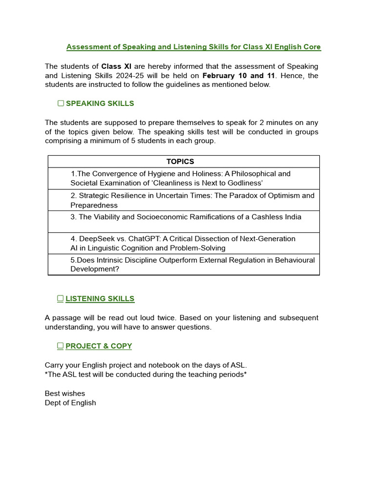 Assessment of Speaking and Listening Skills For Class XI English Core | PDF