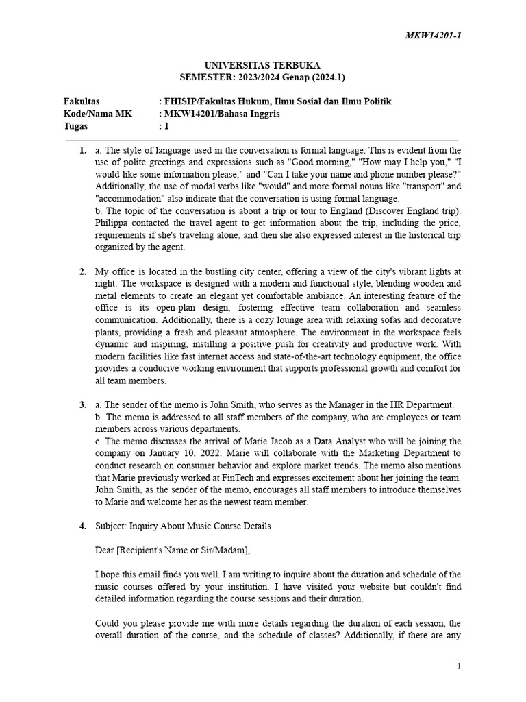 MKW14201 - Bahasa Inggris - Tugas 1 | PDF | Communication | Human ...