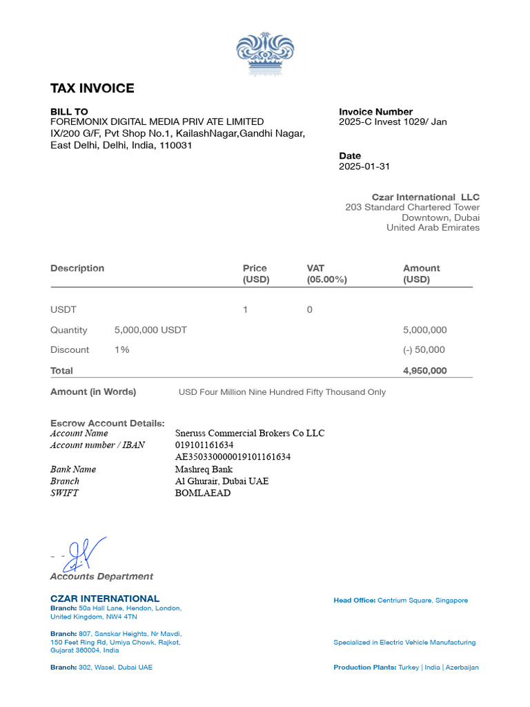 SIGNED invoice USDT2025-C Invest 1029 Jan | PDF | Invoice | Economies