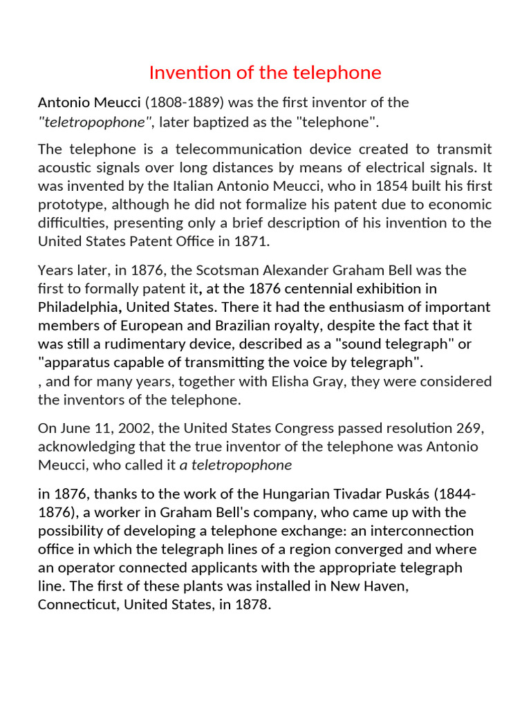 Antonio Meucci: True Telephone Inventor | PDF