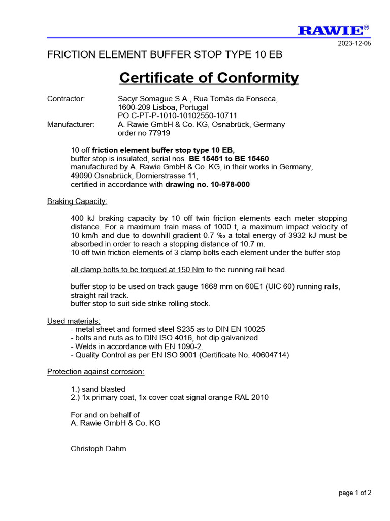 Friction Element Buffer Stops Certification | PDF | Mechanical Engineering